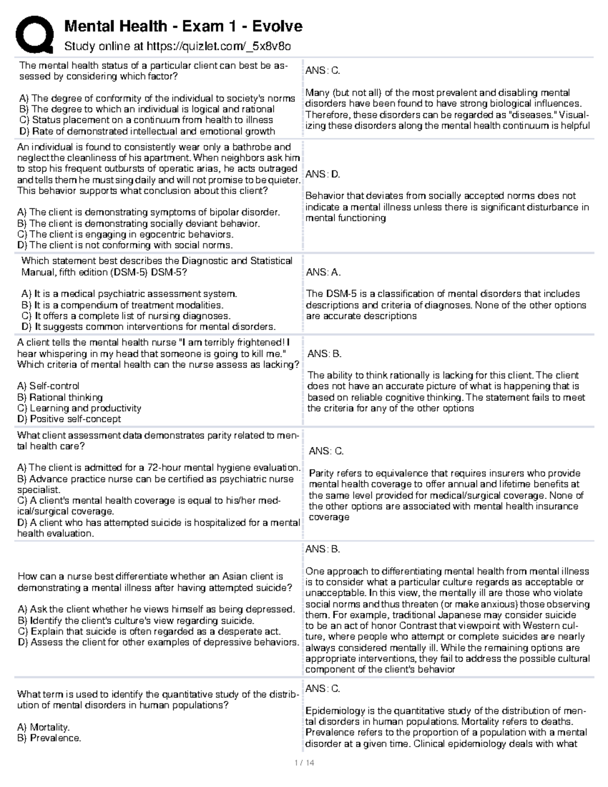 Mental Health - Exam 1 - Evolve - Study online at quizlet/_5x8v8o The ...