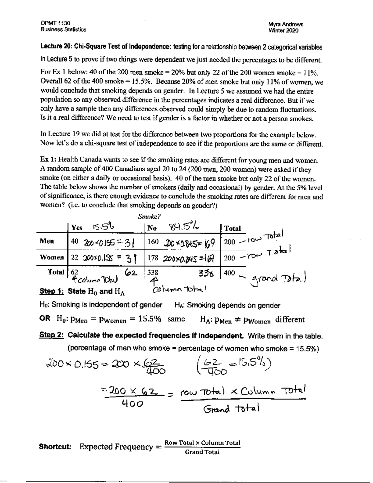 Lecture 20 Solutions Opmt 1130 Business Statistics Opmt Business