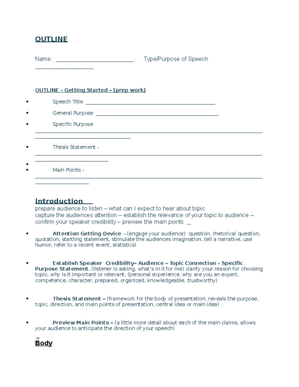 Speech Outline for final project - OUTLINE Name ...