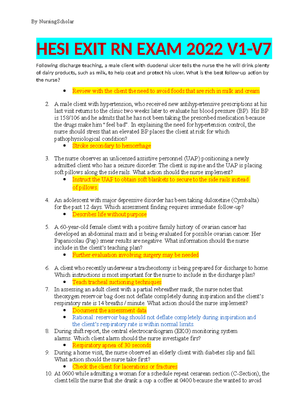 Single questions - hesi exit - By NursingScholar HESI EXIT RN EXAM 2022 ...