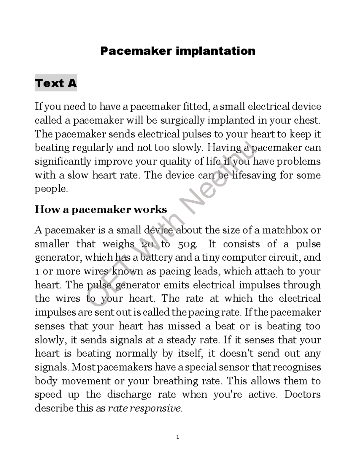 Pacemaker implantation reading part A - Pacemaker implantation Text A ...