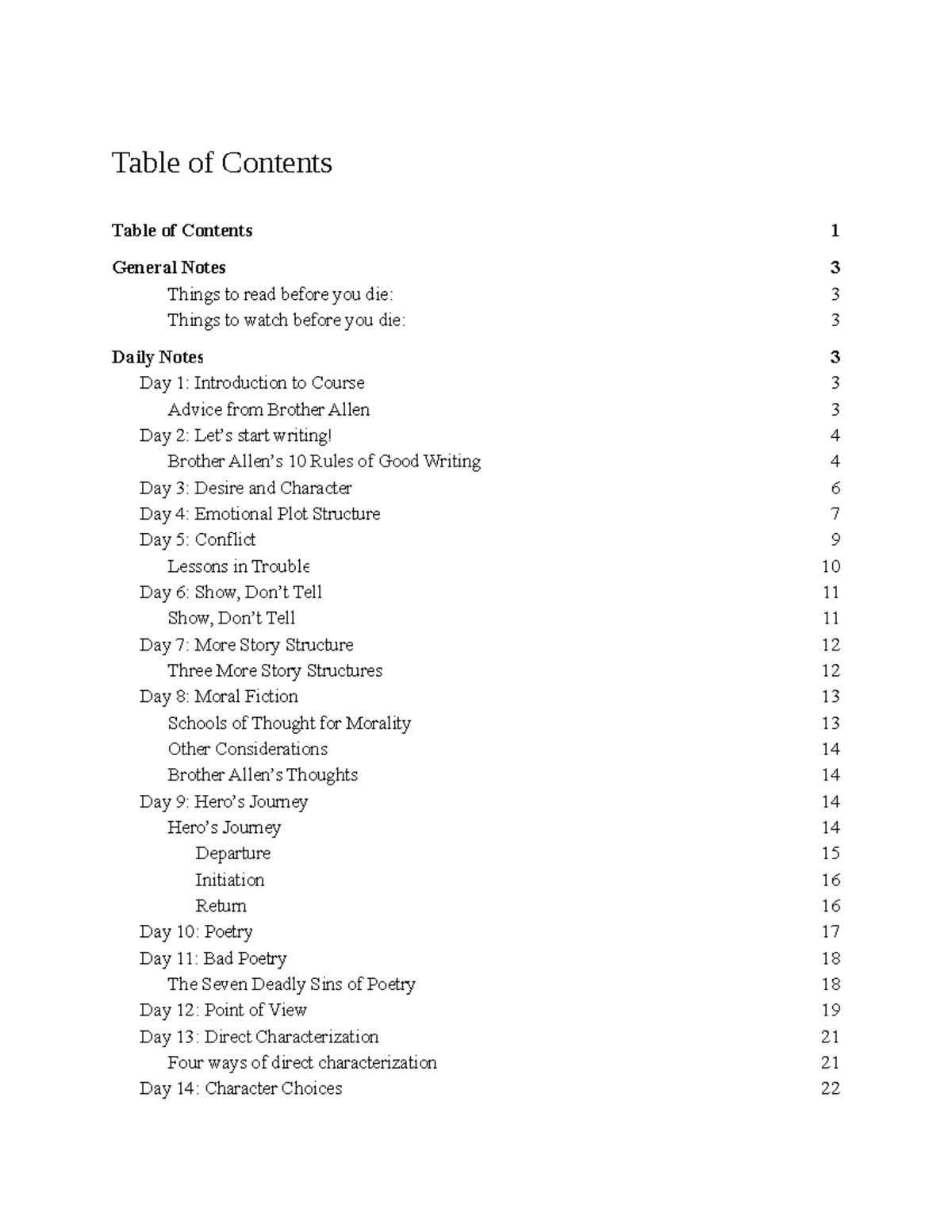 CW Class Notes - Teacher: Josh Allen - Table of Contents Table of ...
