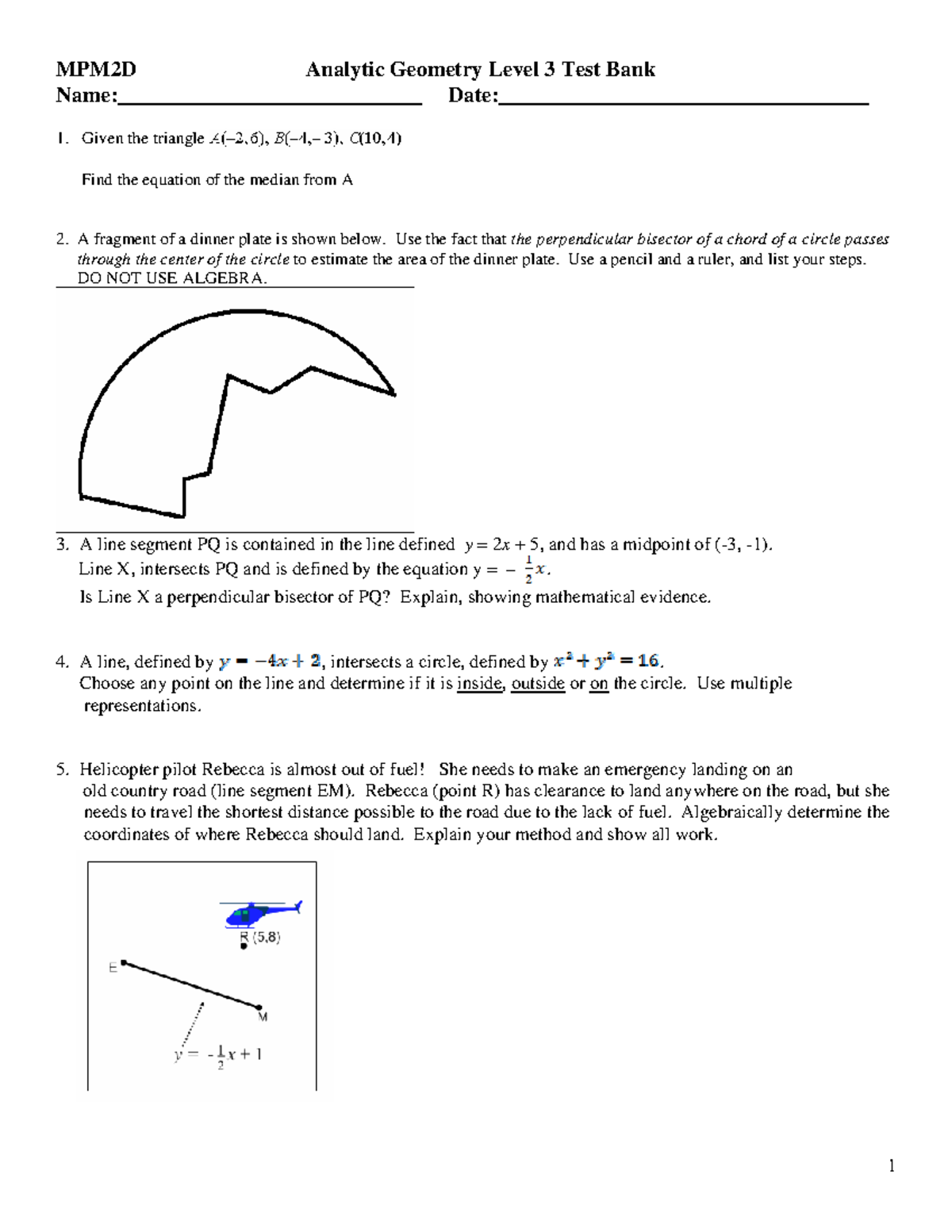MPM2DAnalytic Geometry Test Bank-Level 3 - 1 MPM2D Analytic Geometry ...