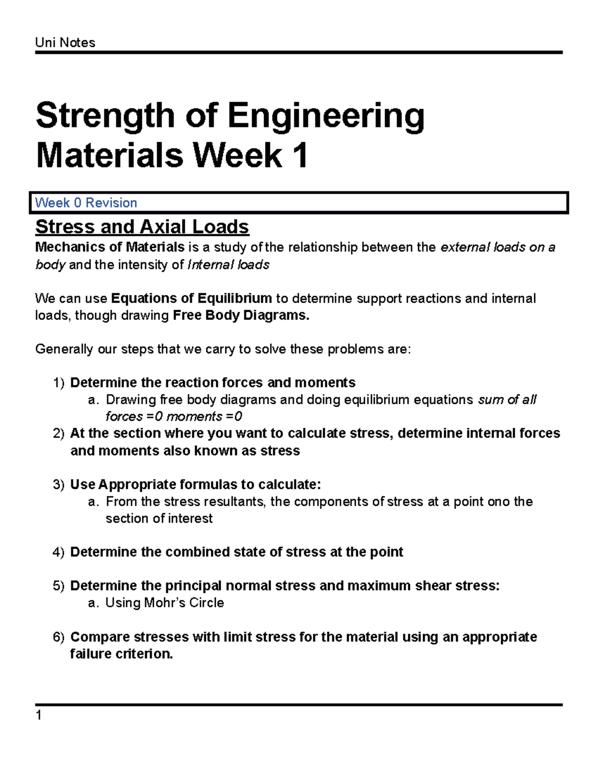 Week 1 Notes - Strength of Engineering Materials Week 1 Week 0 Revision ...