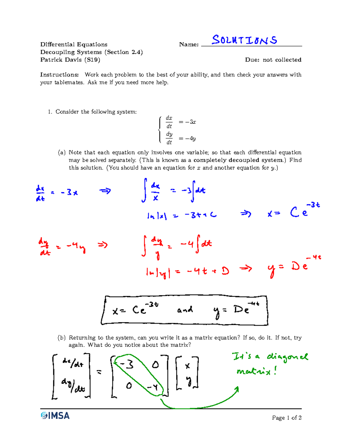 01-w2 Decoupling Systems Solutions - Differential Equations Name ...