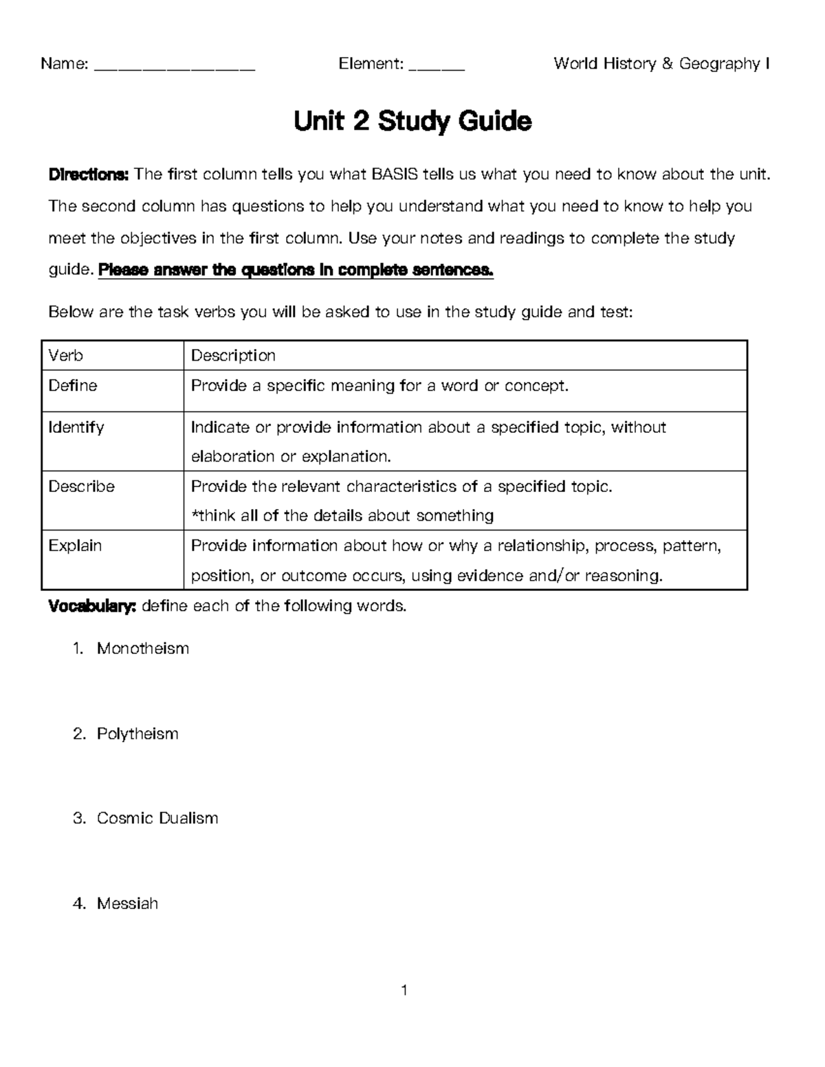 Study guide for unit 2 - The first column tells you what BASIS tells us ...