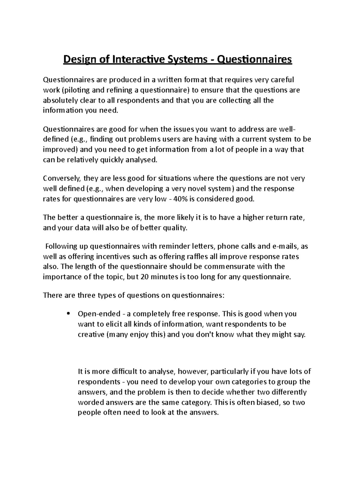 Design of Interactive Systems - Questionnaires - Design of Interactive ...