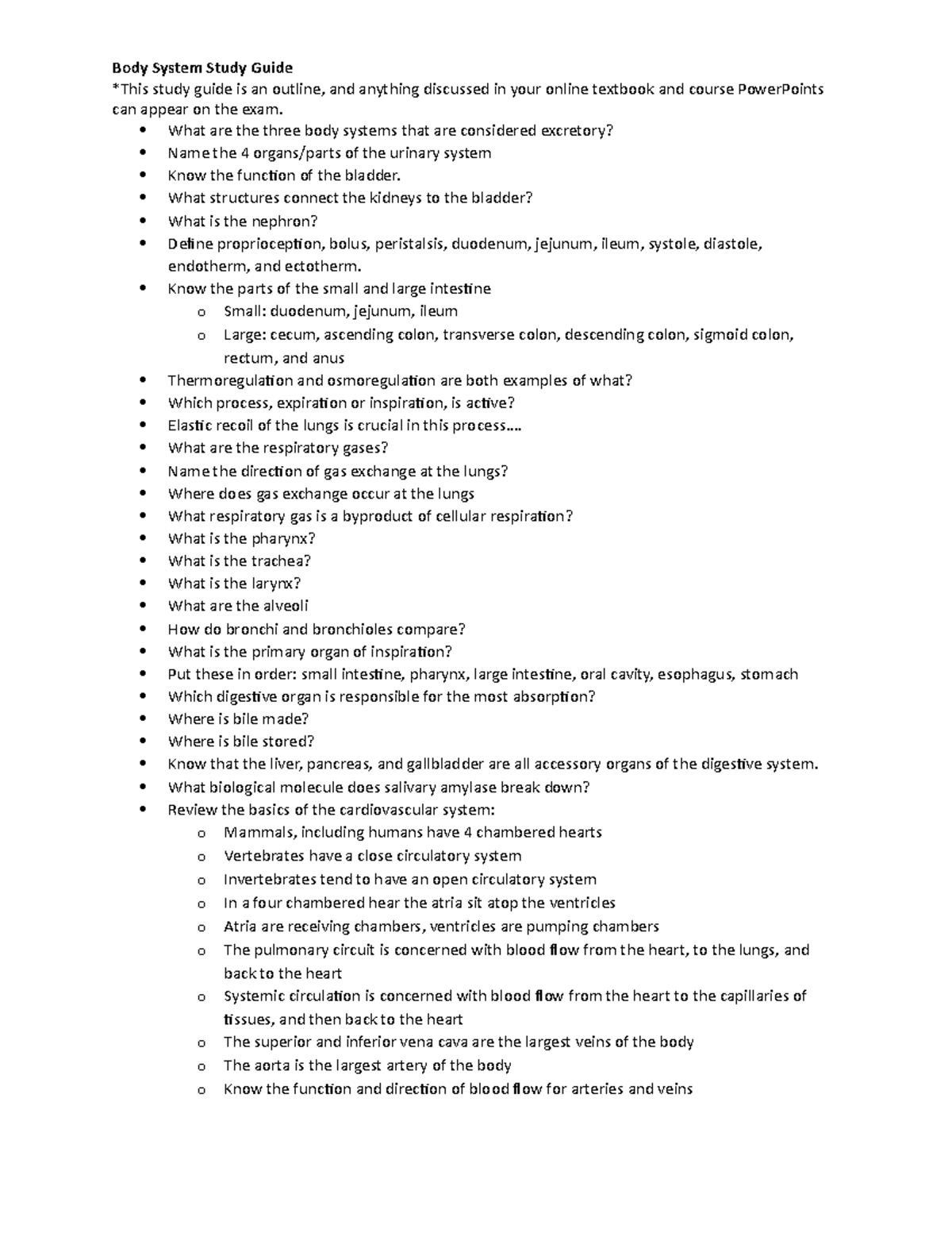 Exam 4 - body system study guide - *This study guide is an outline, and ...