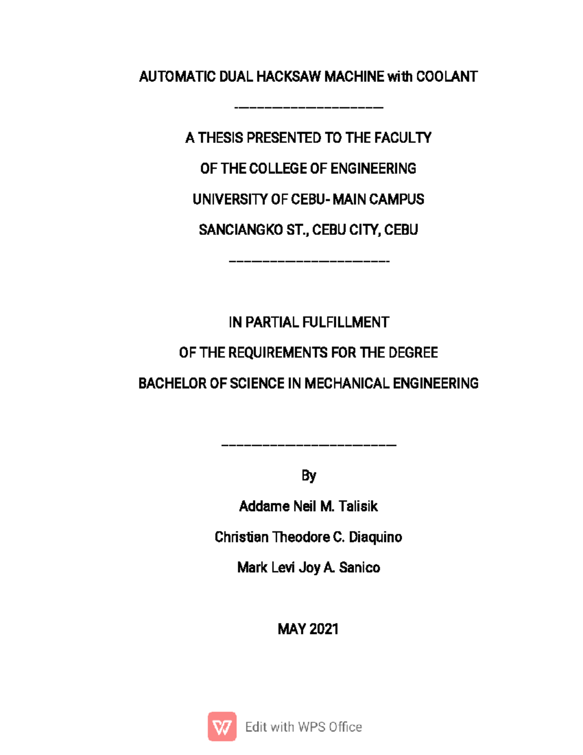 Thesis file 1 Automatic Hacksaw Machine - AUTOMATIC DUAL HACKSAW ...