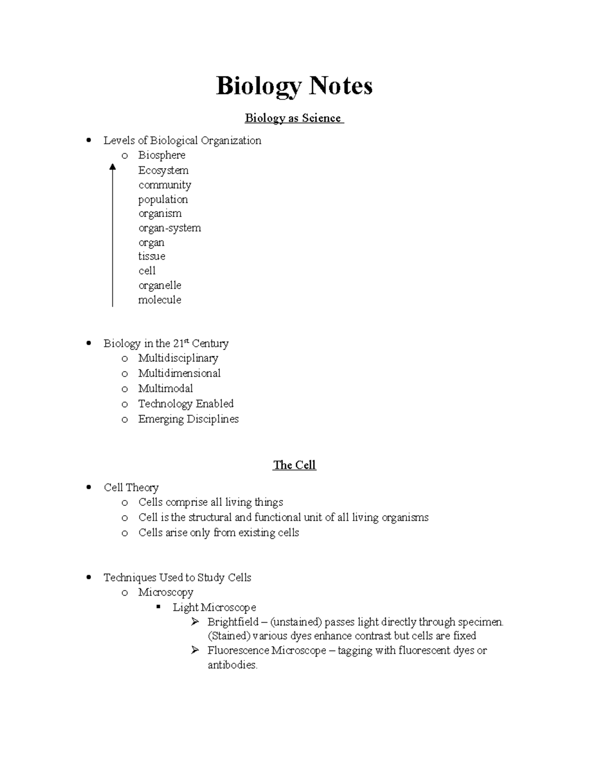 Bio Exam 1 notes - Biology Notes Biology as Science Levels of ...