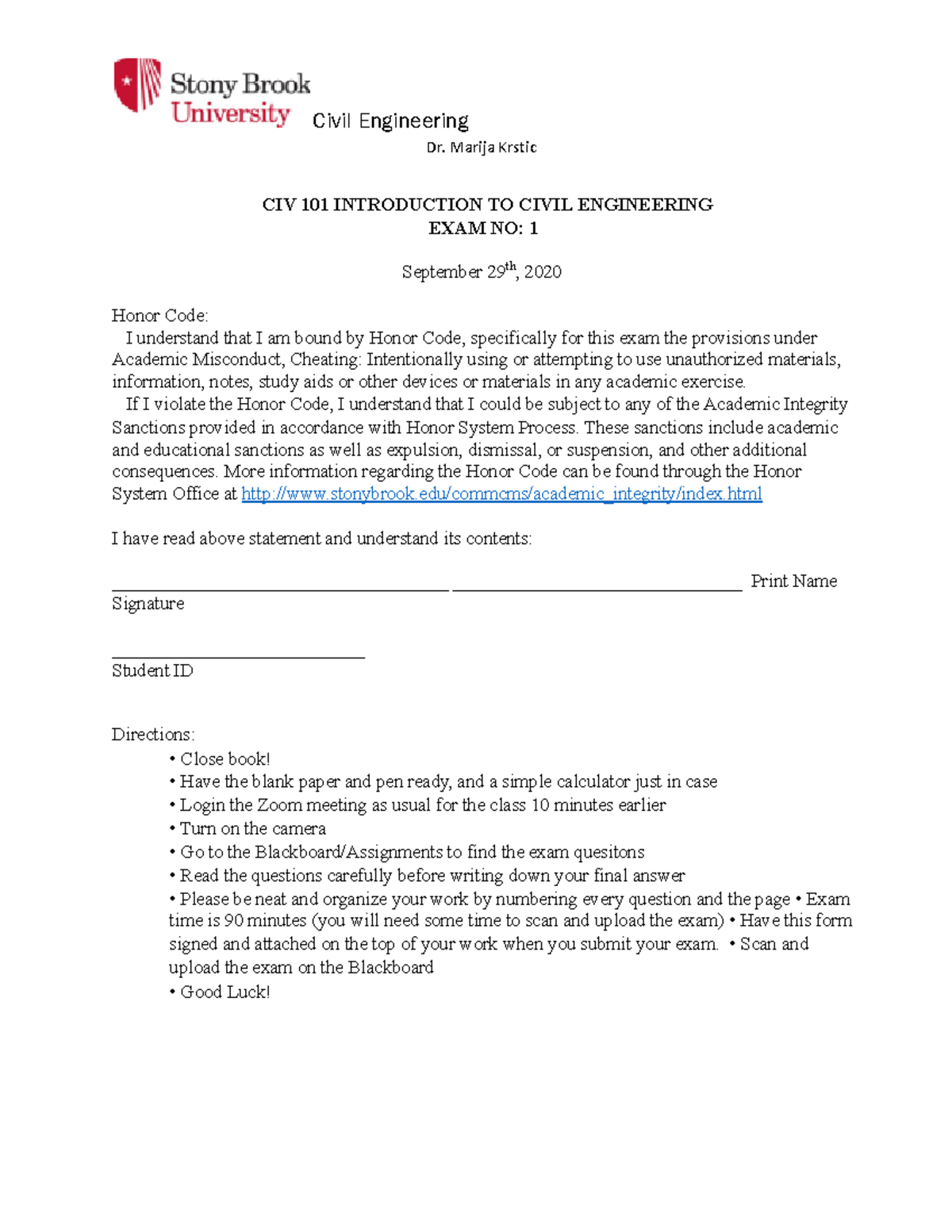 CIV 101 EXAM 1 Solution - Civil Engineering Dr. Marija Krstic CIV 101 ...