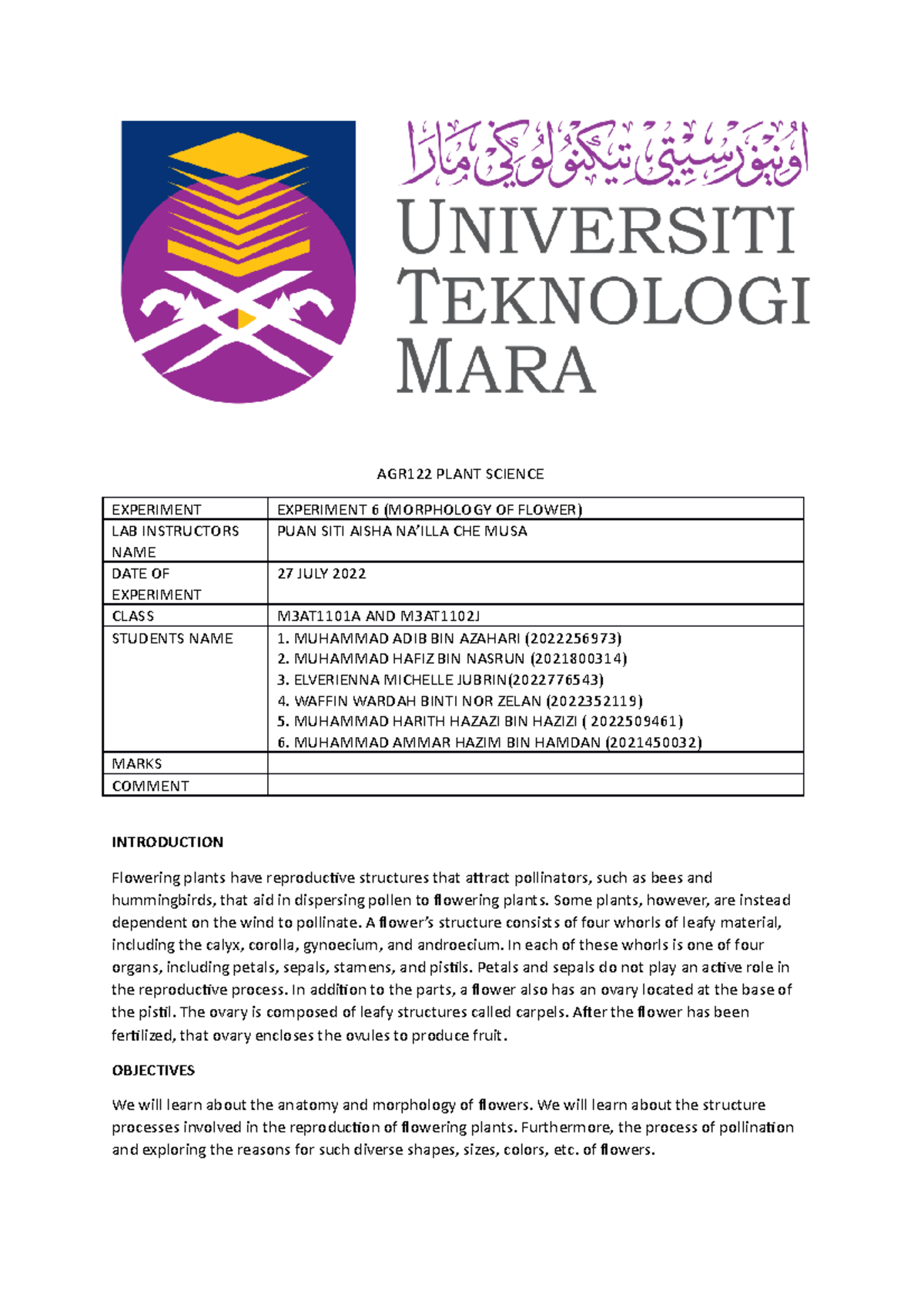 LAB Report AGR122 Plant Science - AGR122 PLANT SCIENCE EXPERIMENT ...