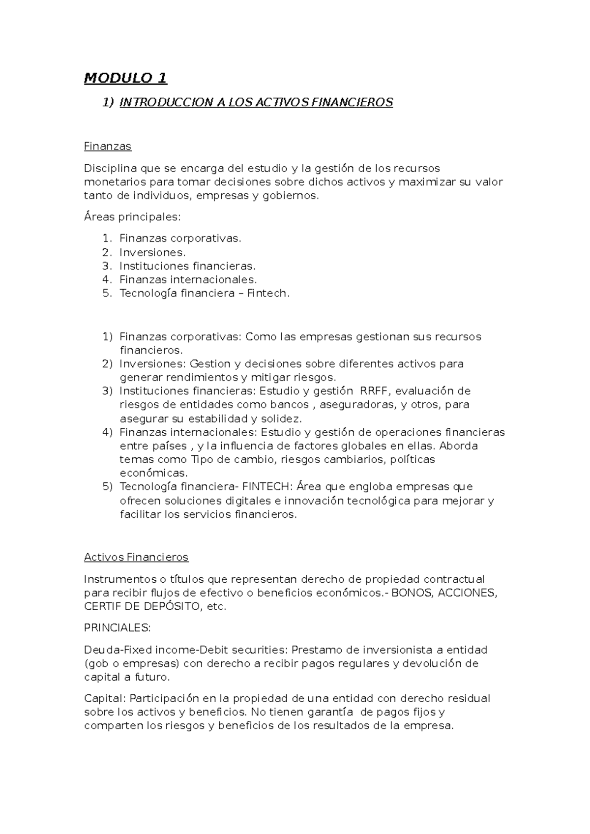 RESUMEN MODULO 1 Introduccion a las finanzas - MODULO 1 1) INTRODUCCION ...