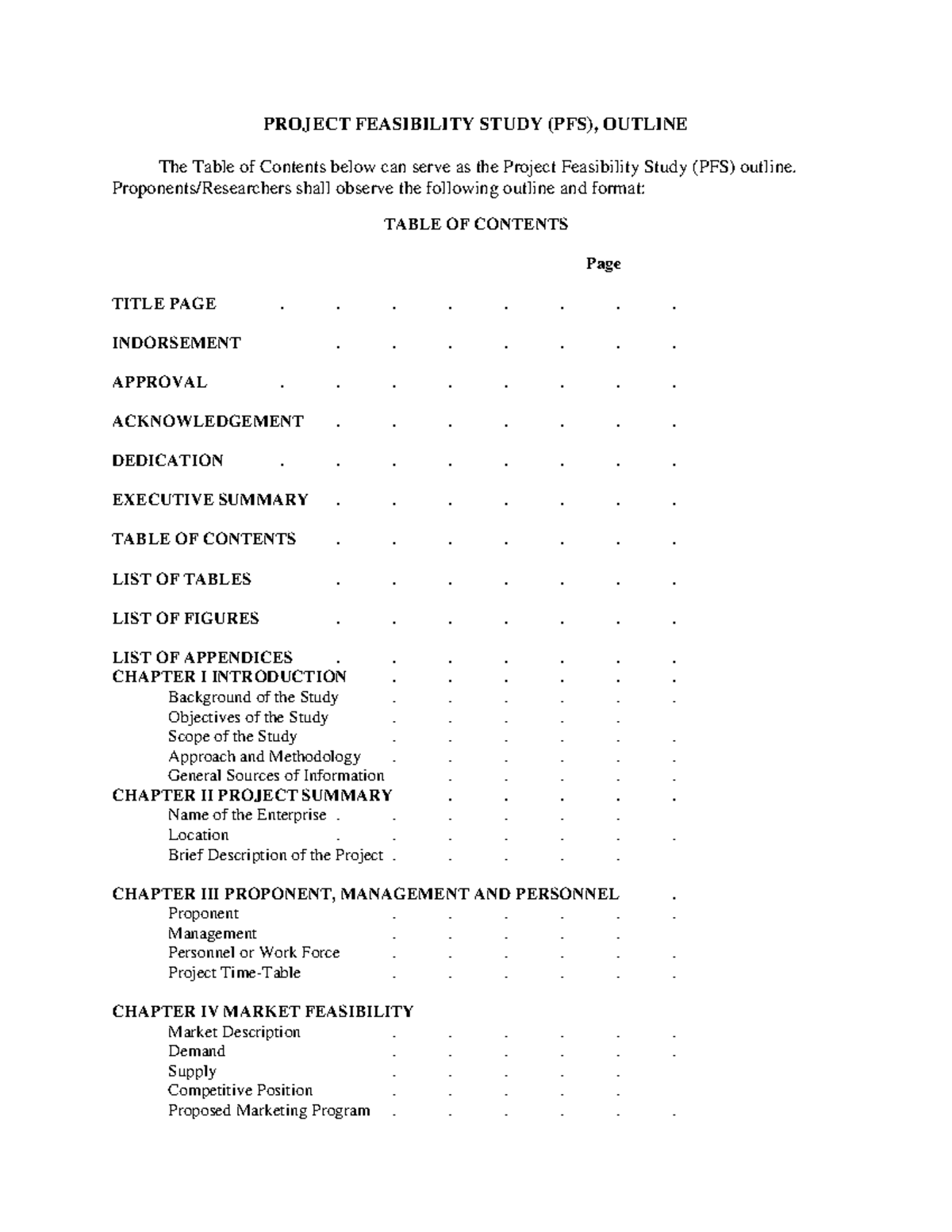 Feasibility format - PROJECT FEASIBILITY STUDY (PFS), OUTLINE The Table ...