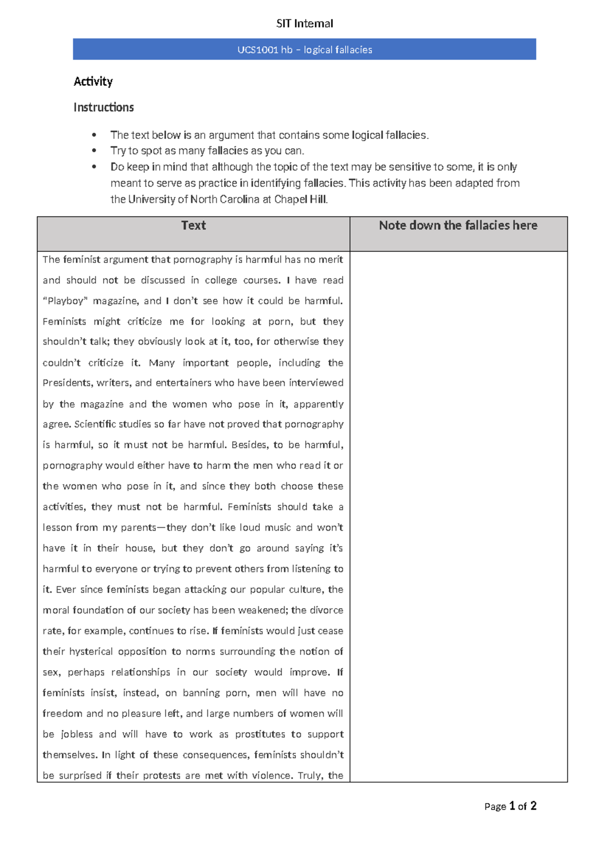 Logical Fallacies Worksheet - SIT Internal Activity Instructions The ...
