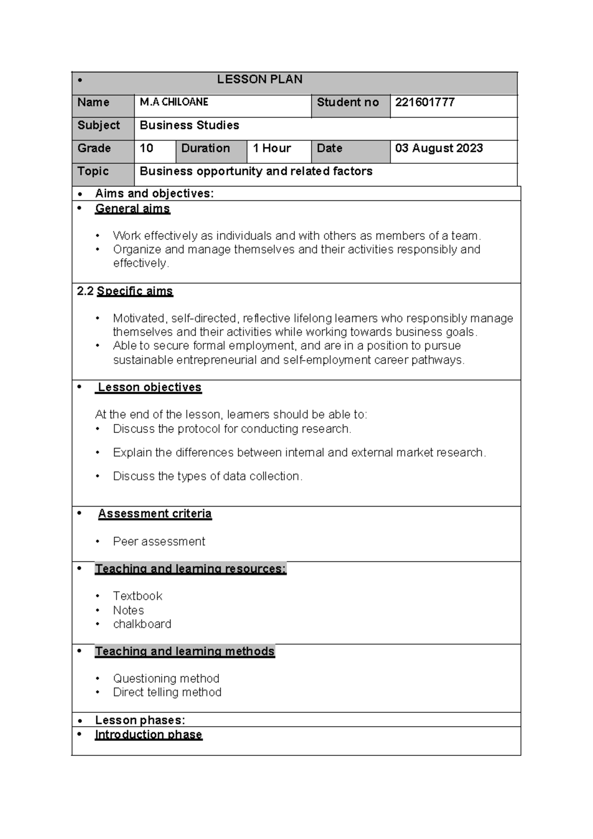 Lesson PLAN 7 copy - Business plan - • LESSON PLAN Name M CHILOANE ...