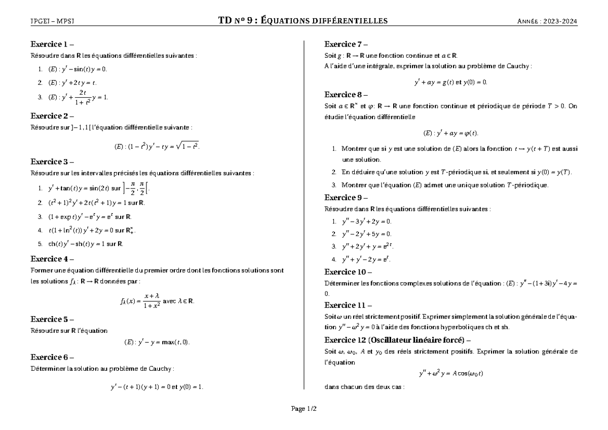 TD9 22 23 - IPGEI – MPSI TD Nº 9 : ÉQUATIONS DIFFÉRENTIELLES ANNÉE ...