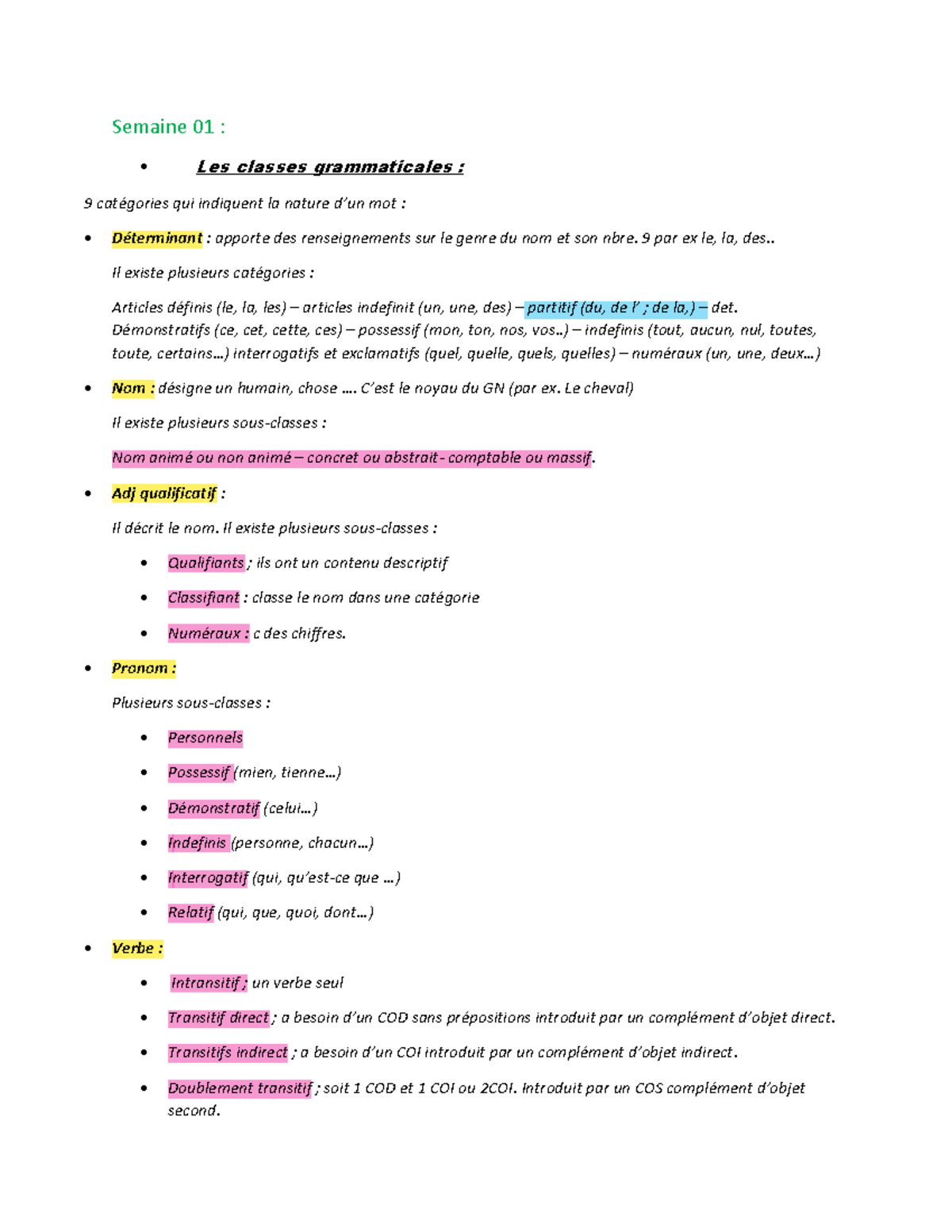 Semaine 5 - LECTURE NOTES - Semaine 01 : • Les classes grammaticales ...