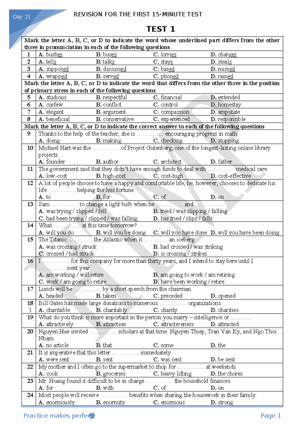Day 21- Revision FOR THE First 15- Minute TEST-Test 1 - Day 21 REVISION ...