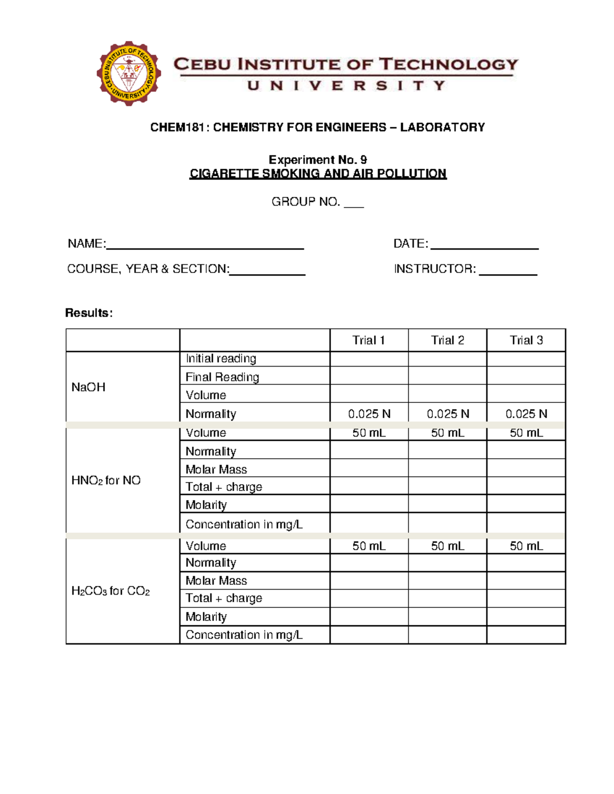 CHEM181 experiment - CHEM181: Chemistry for Engineers - Laboratory ...