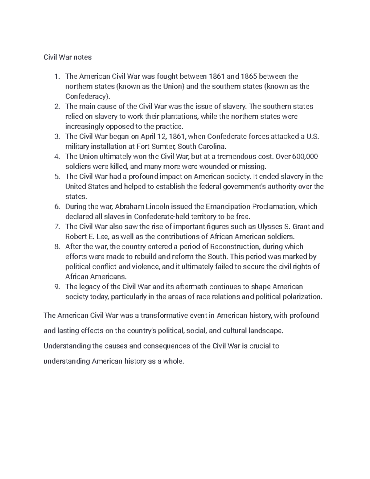 Civil war notes - Civil War notes The American Civil War was fought ...