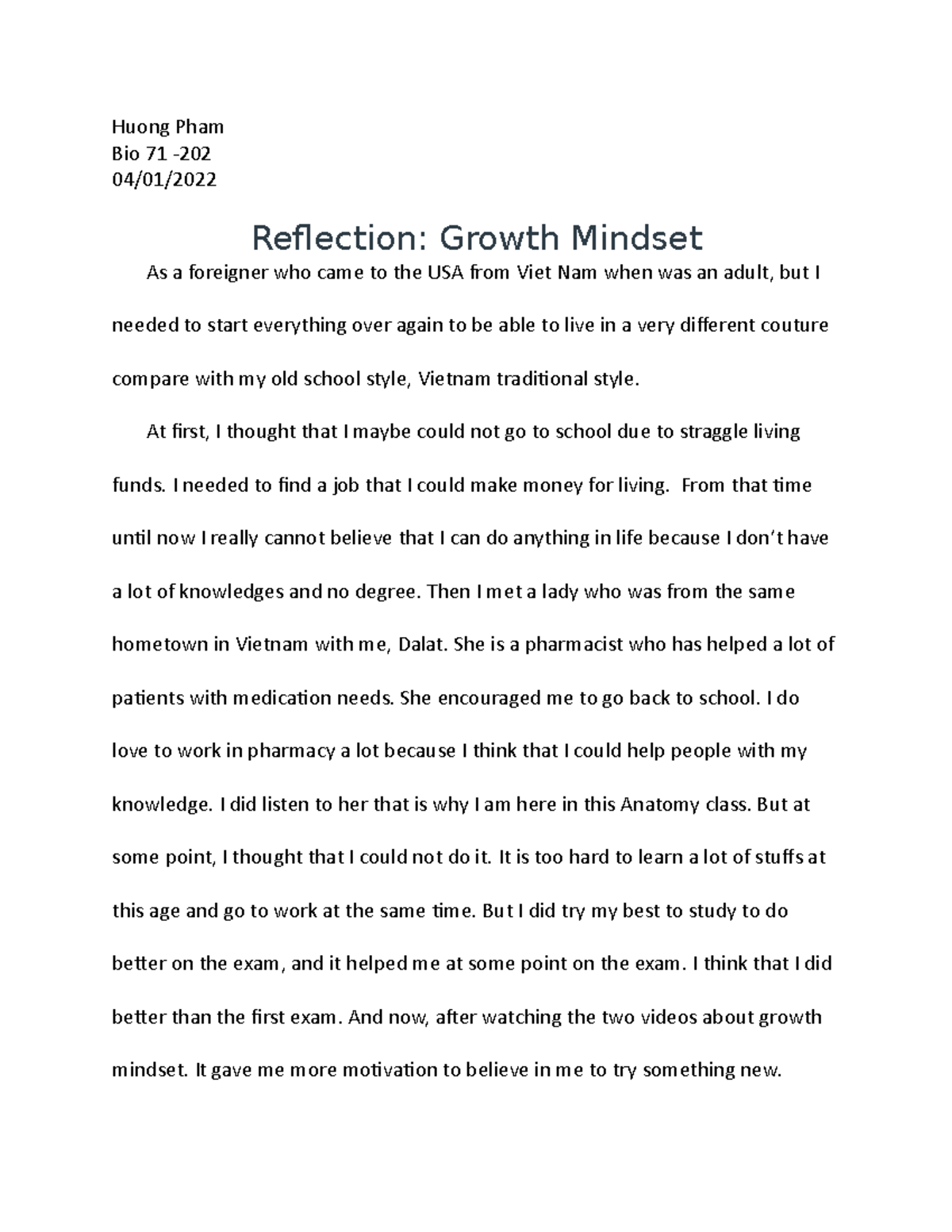 Reflection- Growth Mindset - Huong Pham Bio 71 - 04/01/ Reflection ...