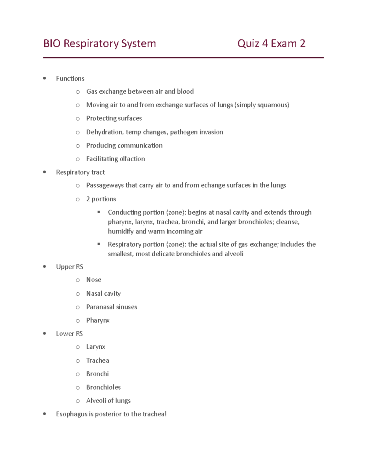 BIO Respiratory System Notes - BIO Respiratory System Quiz 4 Exam 2 ...