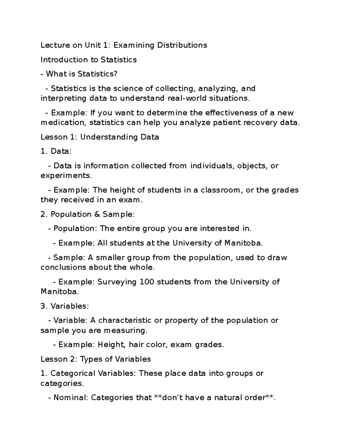 Lecture on Unit 1 - Unit 1 Summary - Lecture on Unit 1: Examining Distributions Introduction to ...