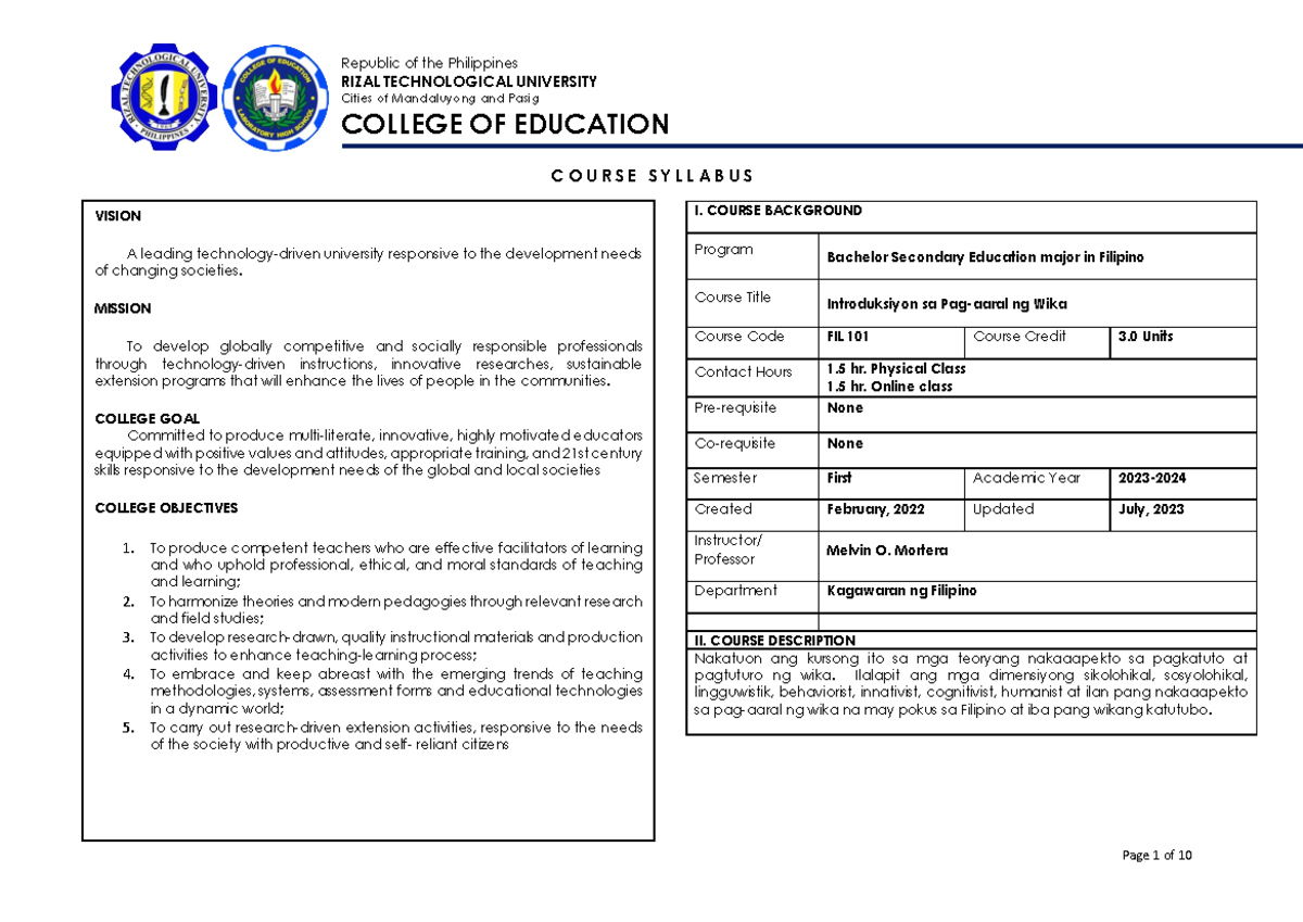 FIL101 Introduksyon-sa-Pag-aaral-ng-Wika - C O U R S E S Y L L A B U S ...
