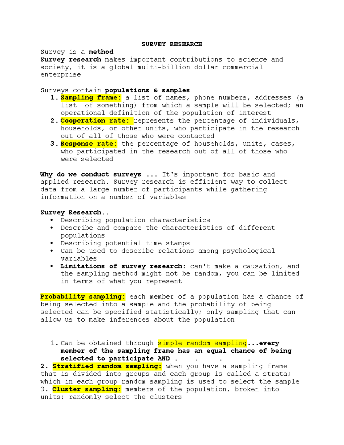 Survey Research - Notes were taken from Dr. Jane O'Briens PSY4230 ...