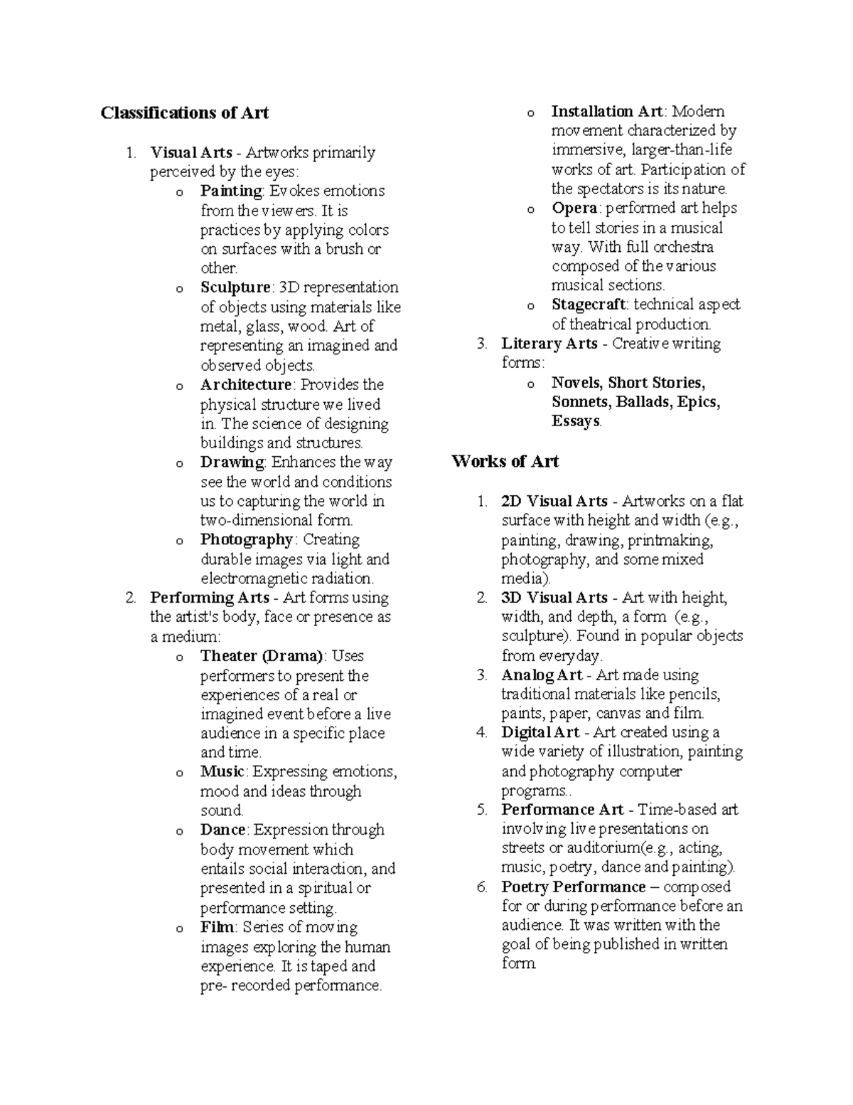 CHAPTER FOUR TO SIX - Classifications of Art Visual Arts - Artworks ...