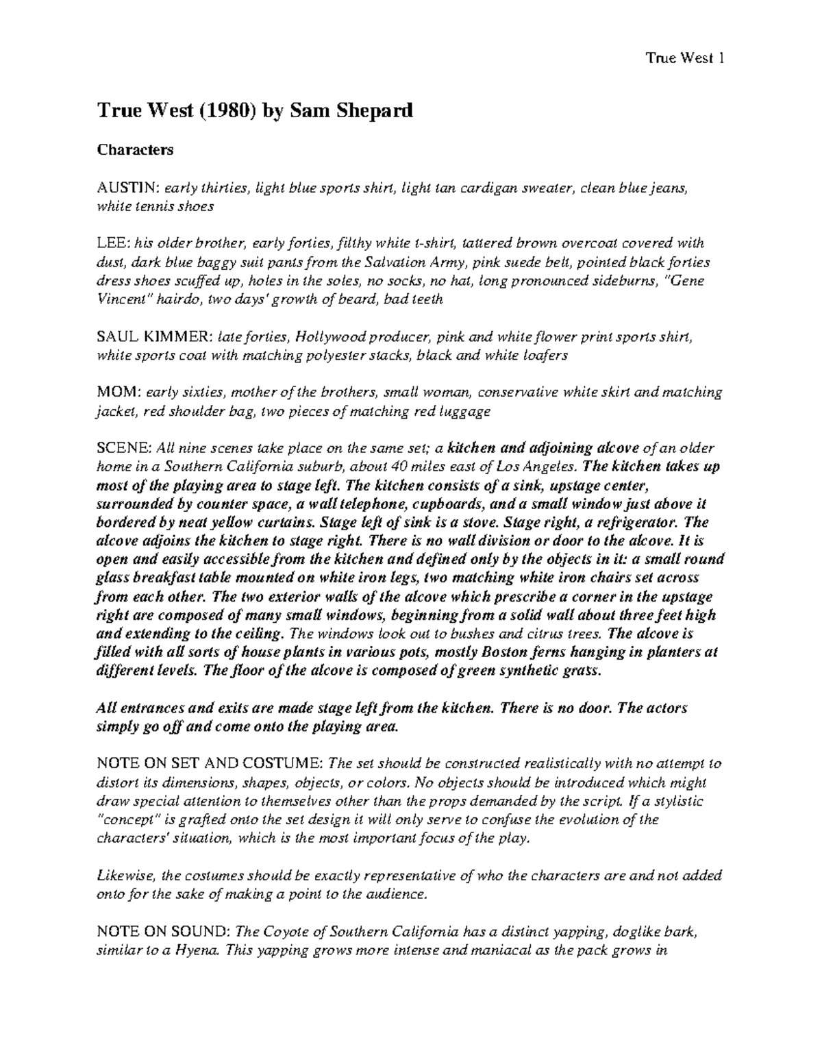 True West Script edited - True West (1980) by Sam Shepard Characters ...