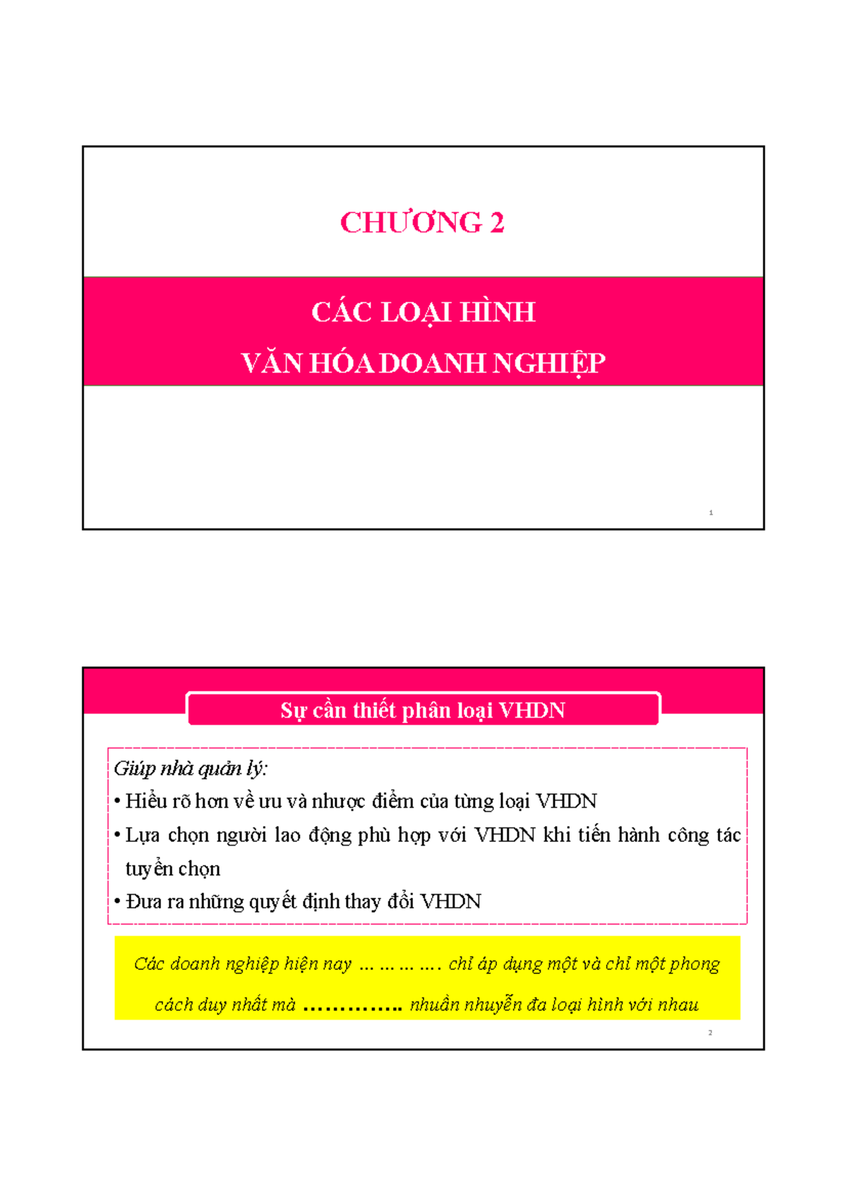 Tài liệu VHDN 2 (2024) - ..... - CÁC LOẠI HÌNH VĂN HÓA DOANH NGHIỆP CHƯƠNG 2 1 Sự cần thiết phân ...