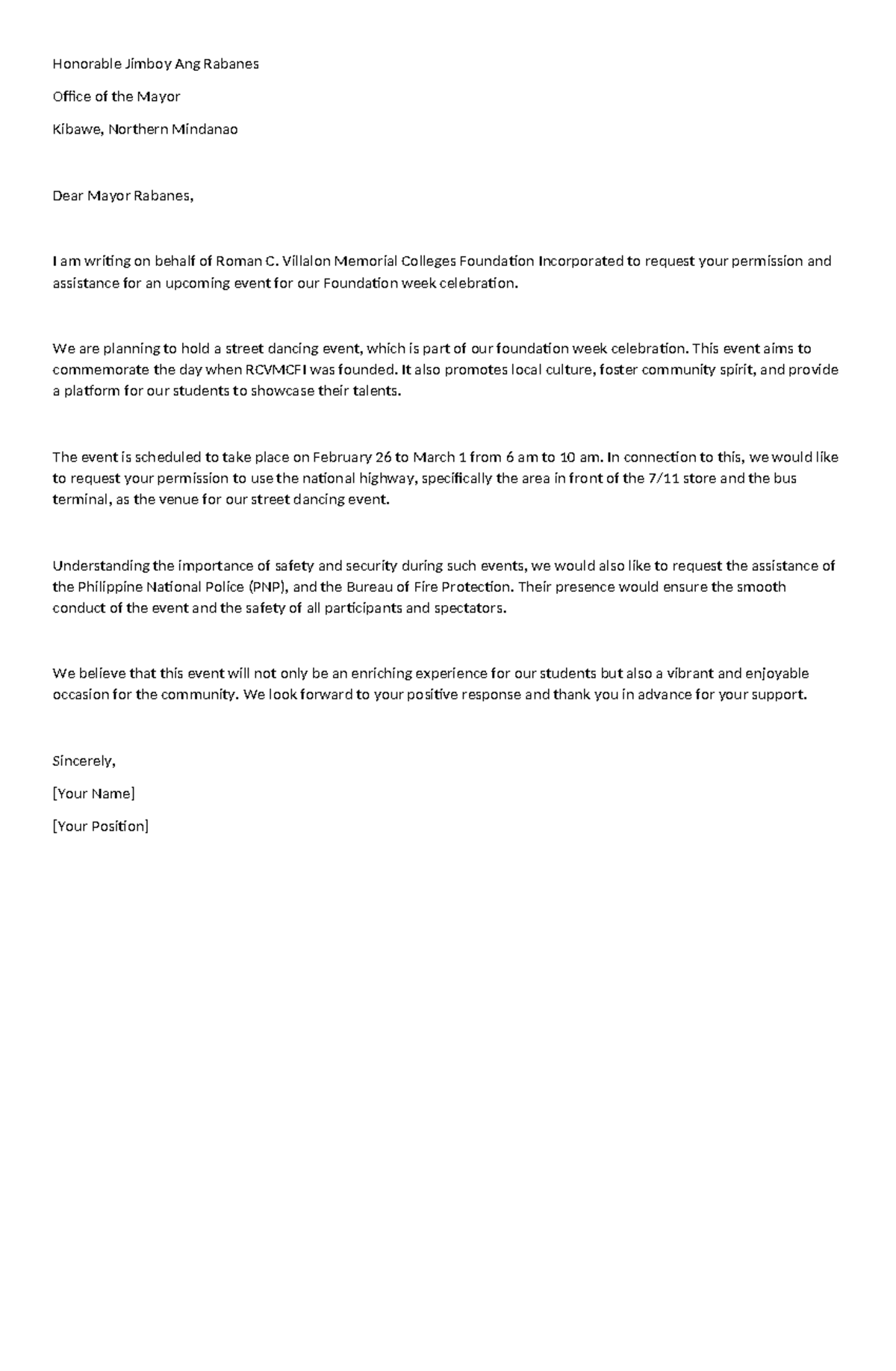 Office of the Mayor Commu. Letter for Foundation Week Parade ...