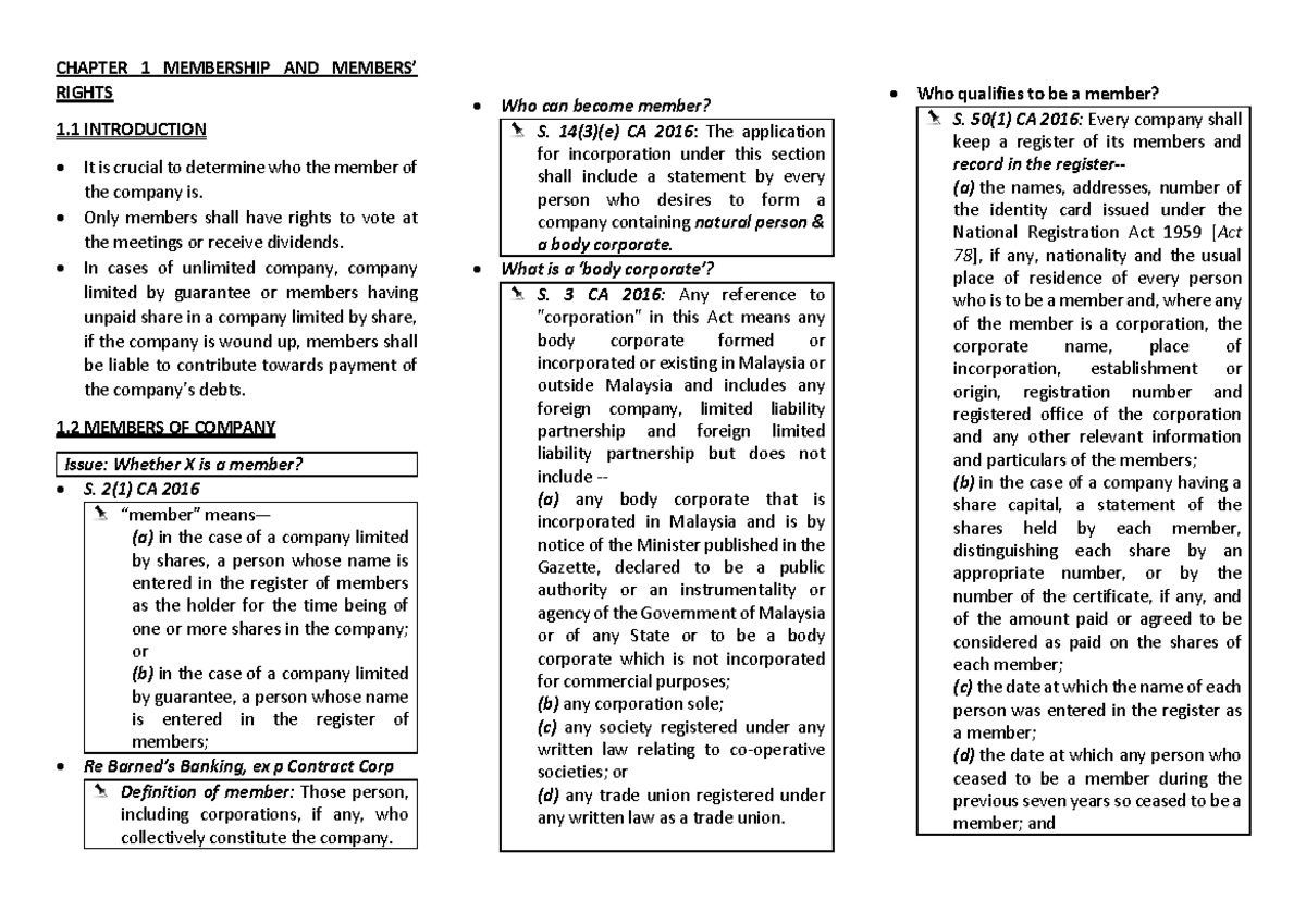 Company Chapter 1 Notes - CHAPTER 1 MEMBERSHIP AND MEMBERS’ RIGHTS 1 ...