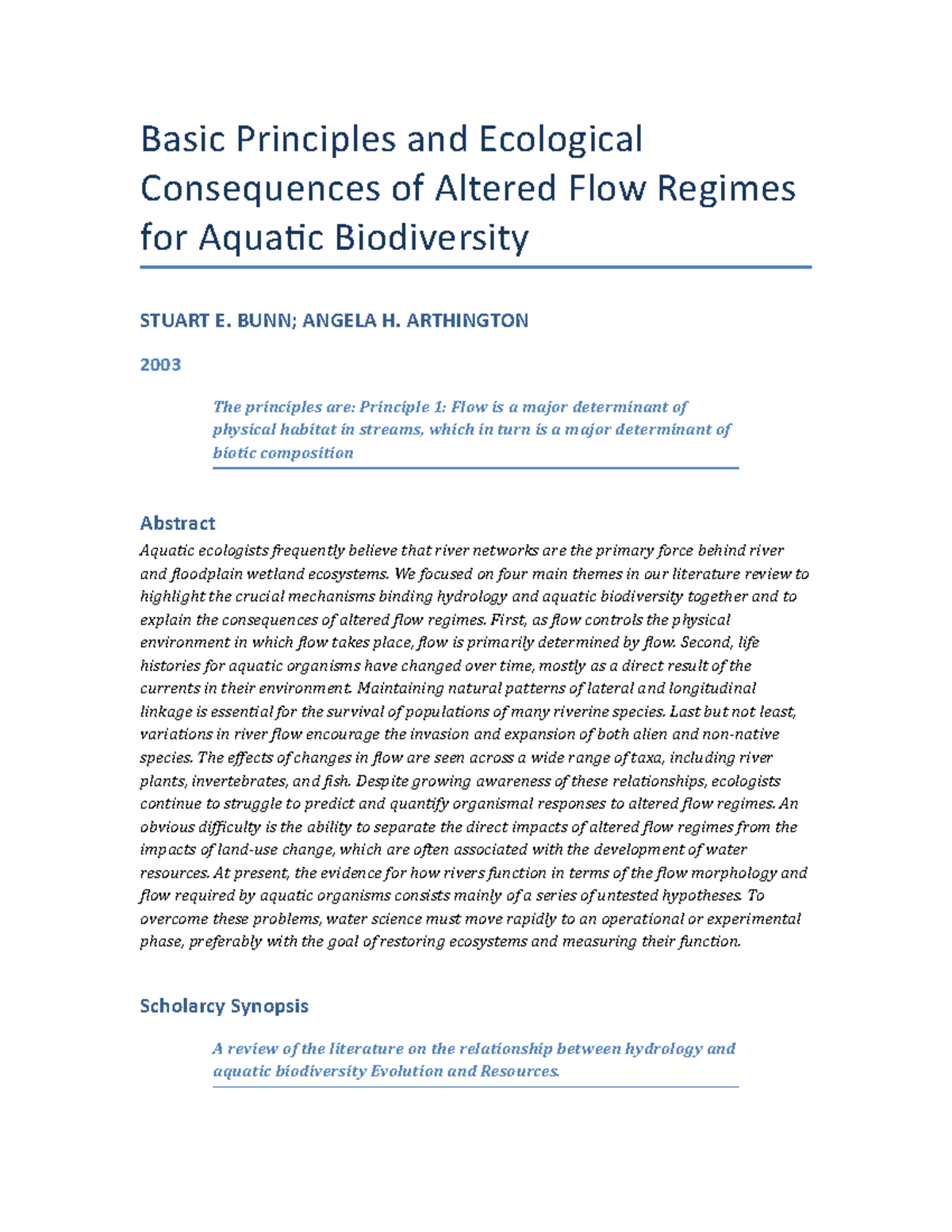 Bunn and Arthington 2002 Altered flow regimes and biodiversity - Basic ...
