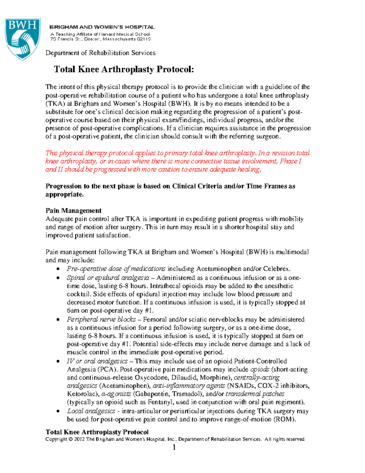 Total knee arthroplasty - , Department of Rehabilitation Services. All ...