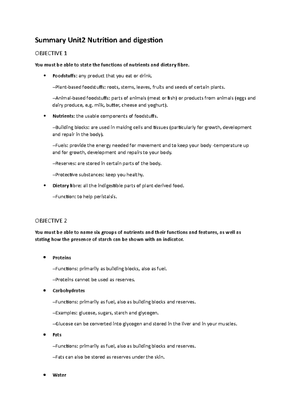 Unit 2 Nutrition and digestion summary - Summary Unit2 Nutrition and ...