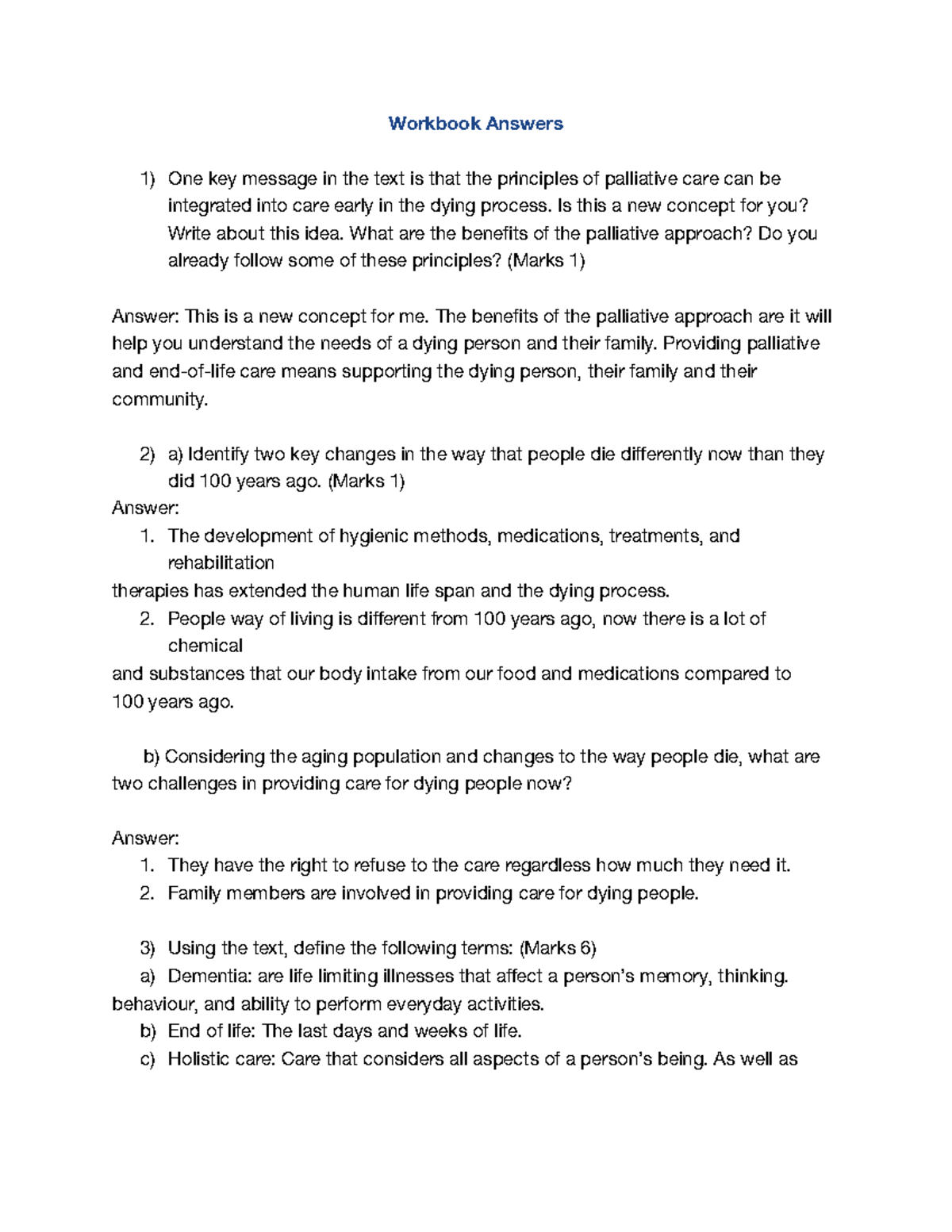 Workbook Answers PSW Palliative Care - Workbook Answers One key message ...
