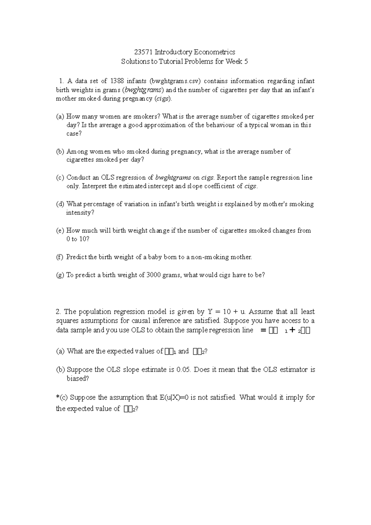 Tutorial Solutions Week 5 23571 Introductory Econometrics Solutions To Tutorial Problems For