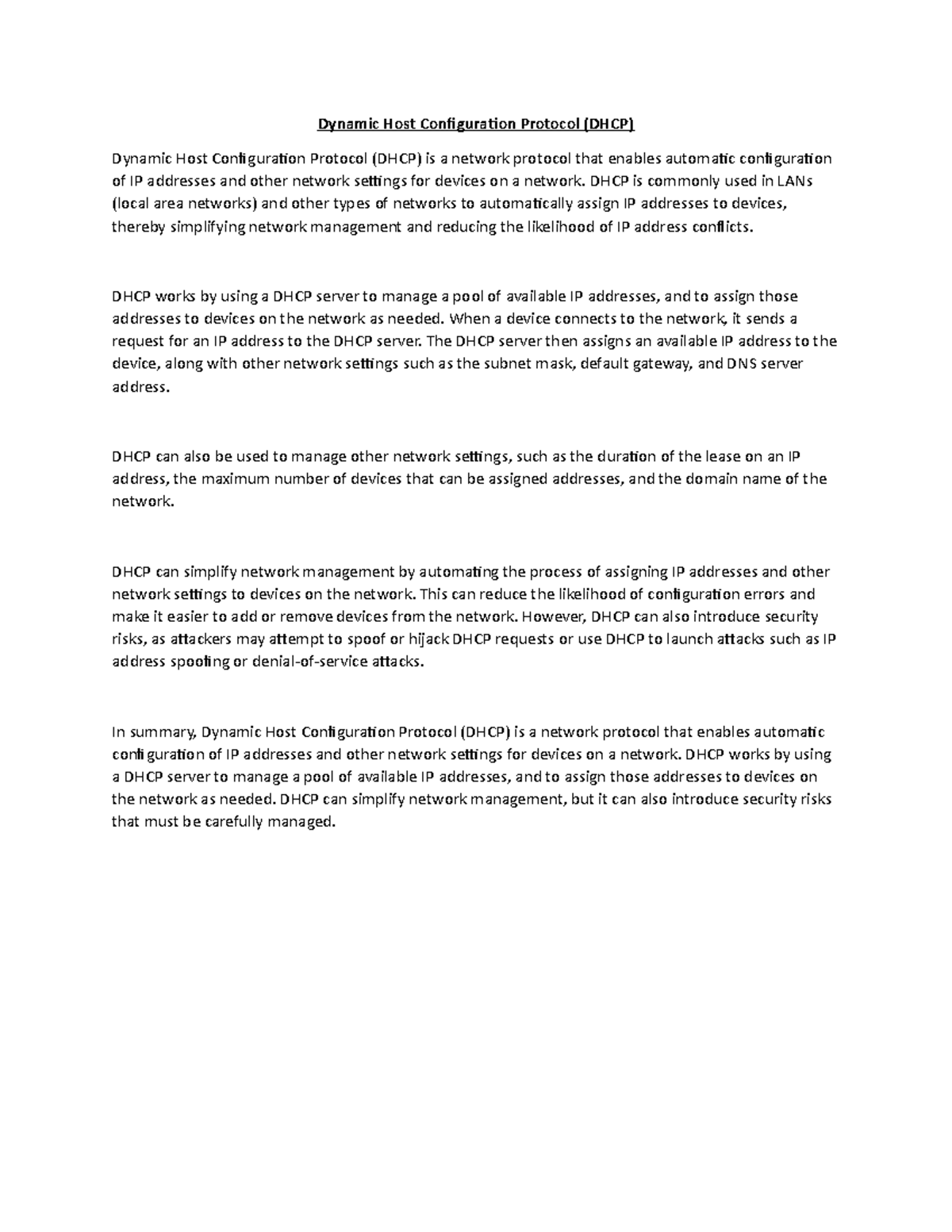 Dynamic Host Configuration Protocol Dhcp Dhcp Is Commonly Used In Lans Local Area Networks