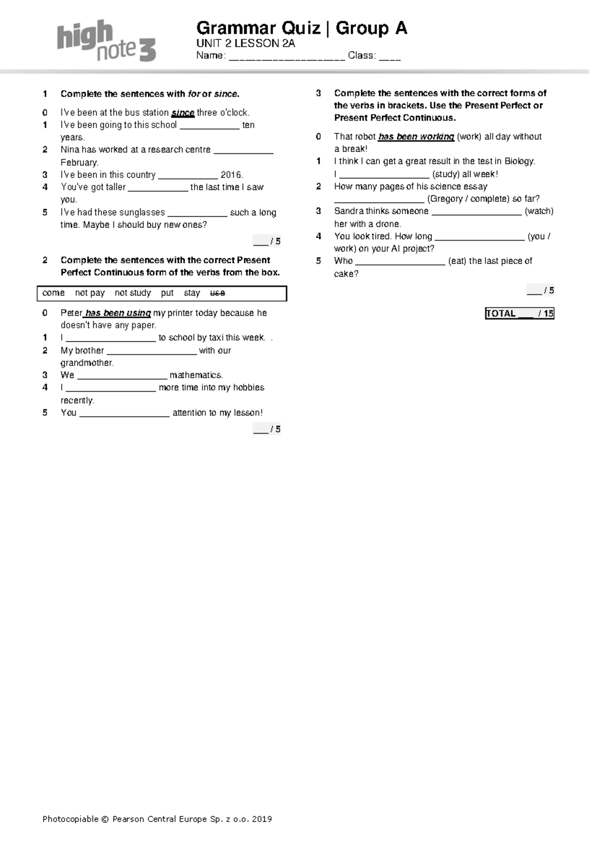 High Note 3 U2A Grammar Quiz A - Grammar Quiz | Group A UNIT 2 LESSON 2 ...