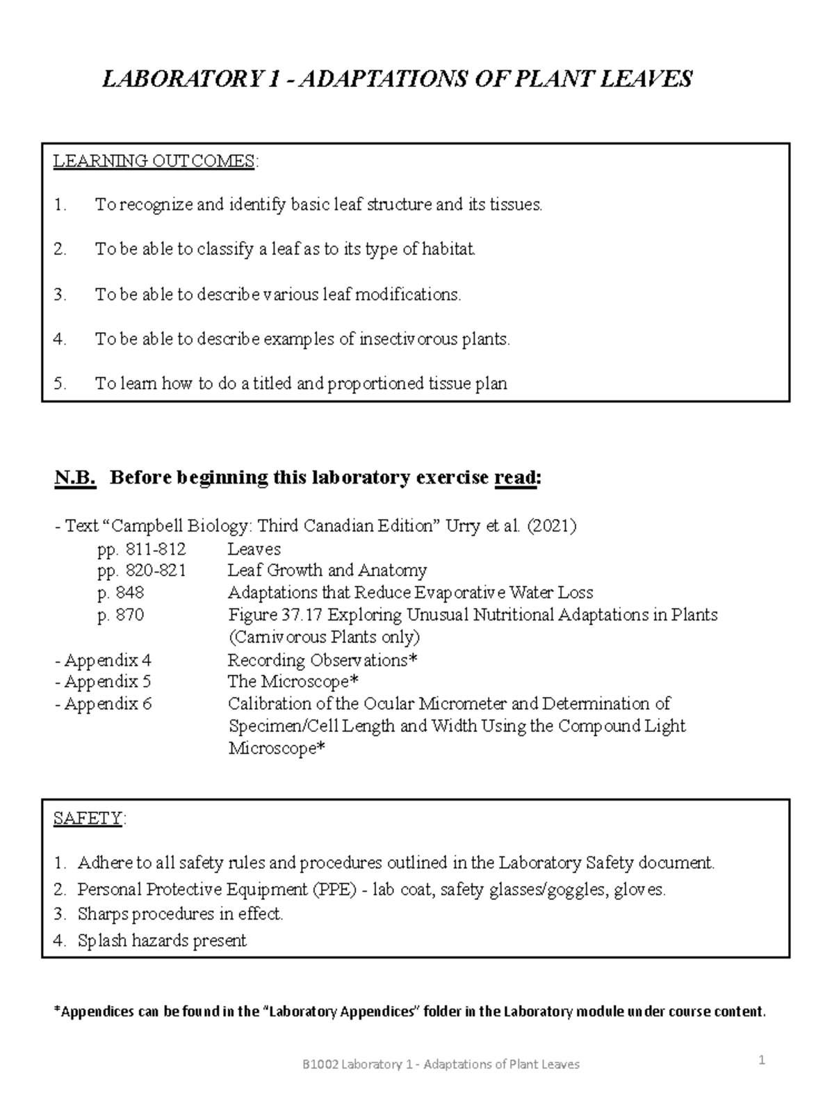 Laboratory 1 Adaptations of Plant Leaves - LABORATORY 1 - ADAPTATIONS ...