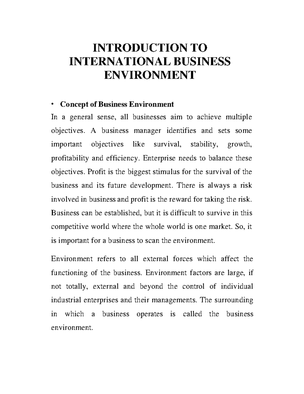 Introduction TO International Business Environment - INTRODUCTION TO ...
