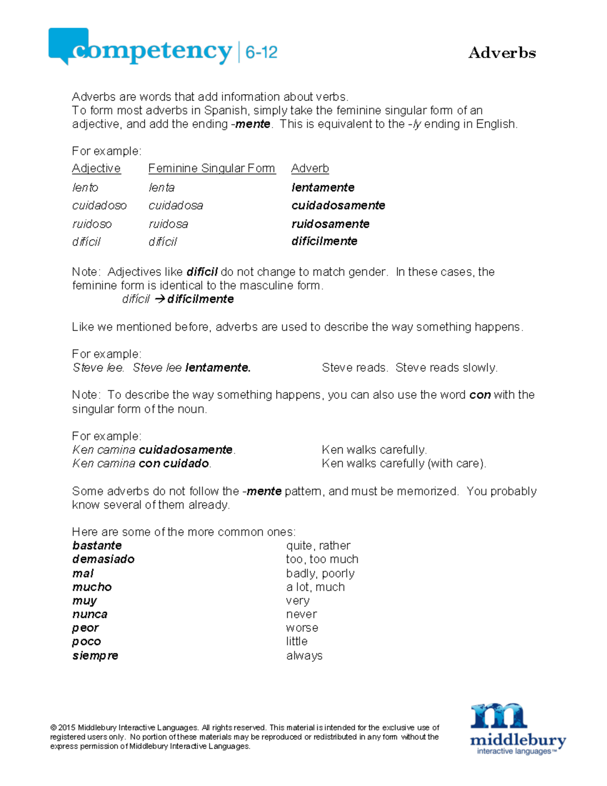 Adverbs Spanish Notes - Adverbs © 2015 Middlebury Interactive Languages ...