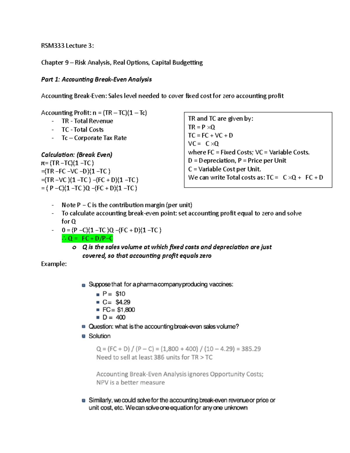 RSM333 Lecture 3 - lec 3 - RSM333 Lecture 3: Chapter 9 – Risk Analysis, Real Options, Capital ...