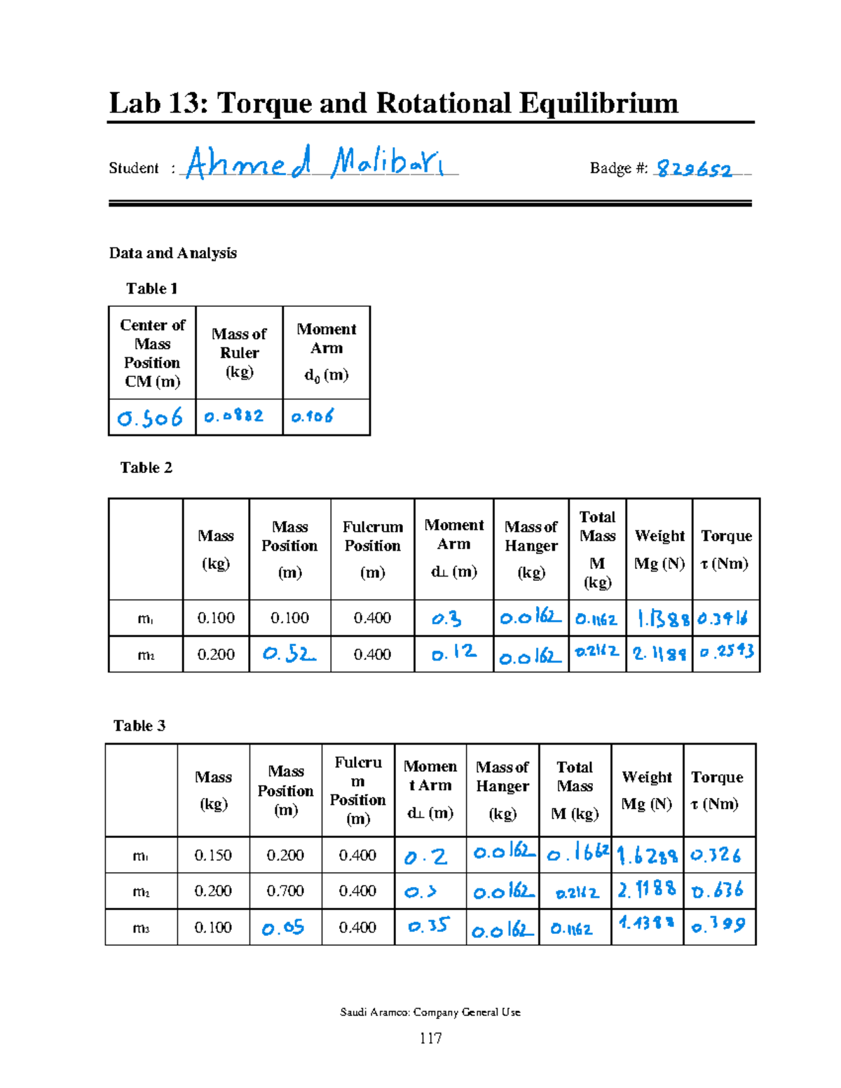 Lab 13 report: Experiment with Torques - Saudi Aramco: Company General ...