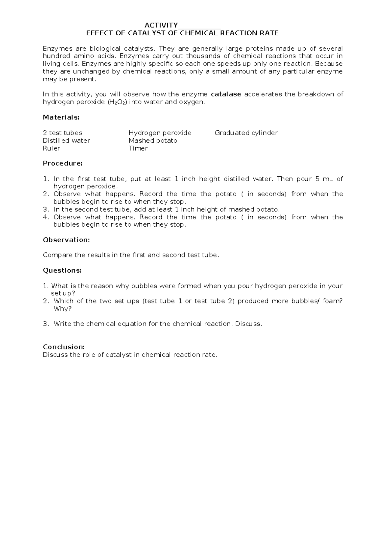 Activity Catalyst - ACTIVITY_____________ EFFECT OF CATALYST OF ...