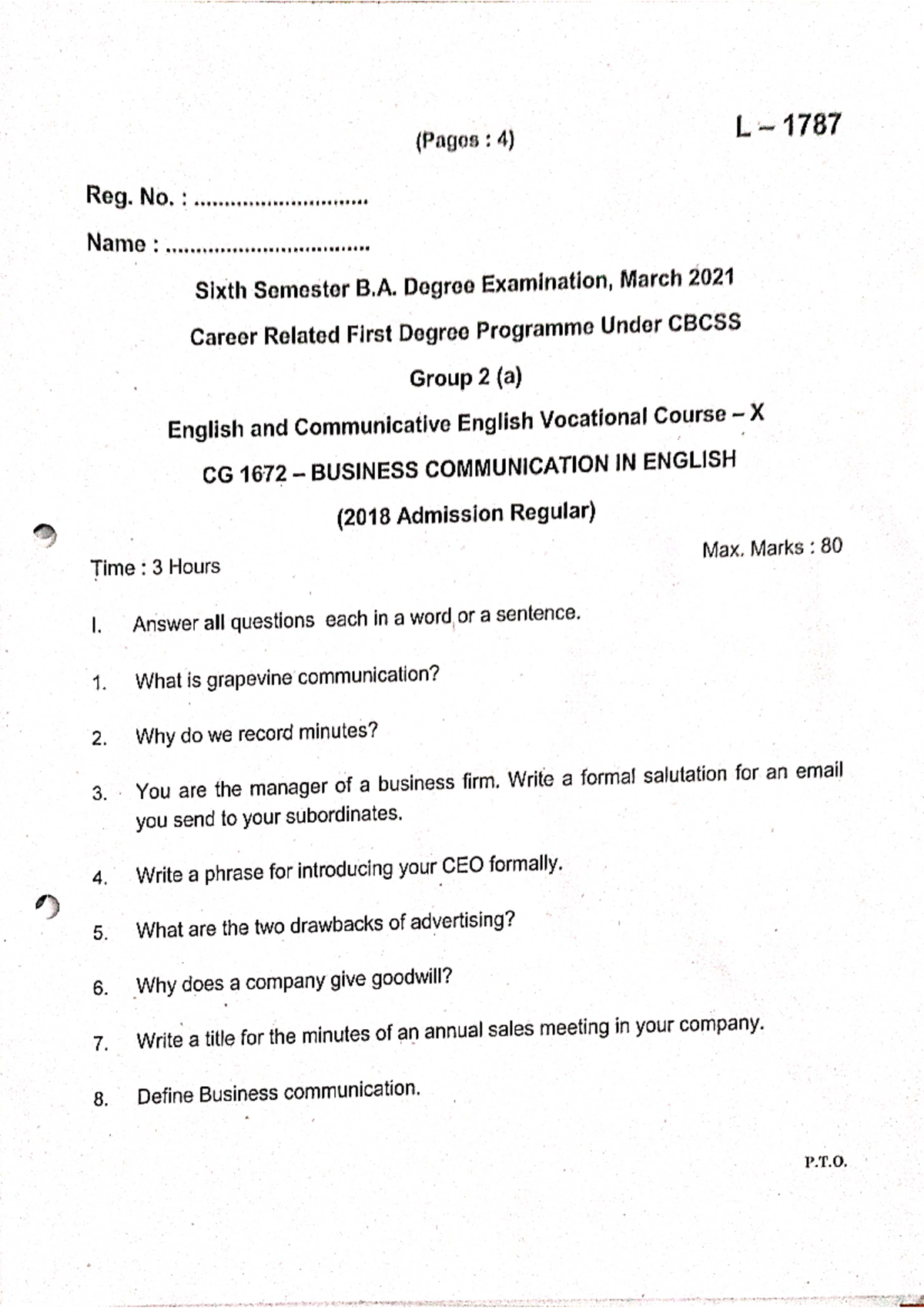 Business communication University Question Paper - English Language ...