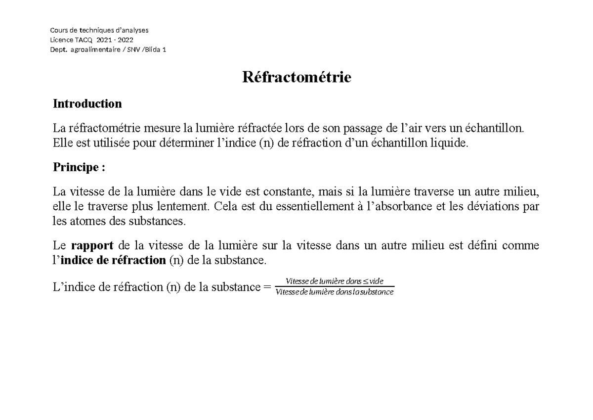 Refractométrie cours TACQ 2022 (1) - Licence TACQ 2021 - 2022 Dept ...